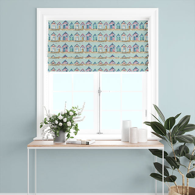 Beach Huts Cotton Curtain Fabric - Duck Egg - Seaside Print – The ...