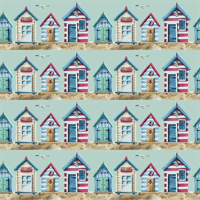 Beach Huts Cotton Curtain Fabric - Duck Egg - Seaside Print – The ...