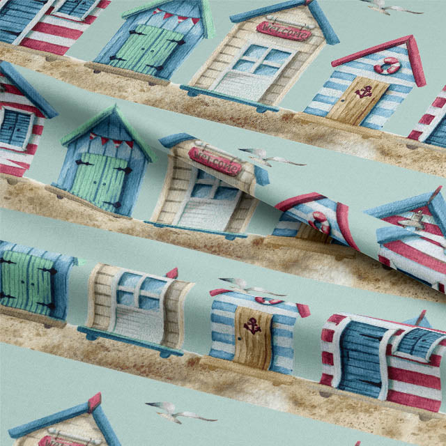 Beach Huts Cotton Curtain Fabric - Duck Egg - Seaside Print – The ...
